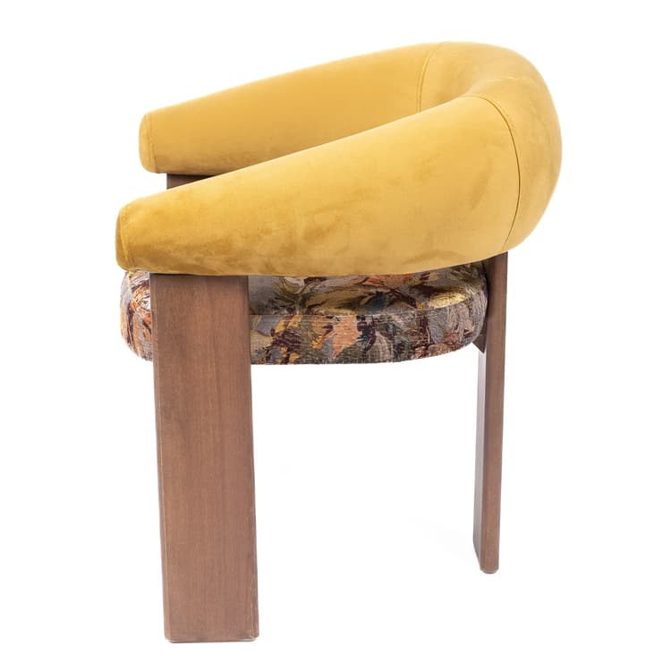 GINEVRA | Mustard Velvet & Floral Fabric Wood Chair – Solid Wooden Legs ...